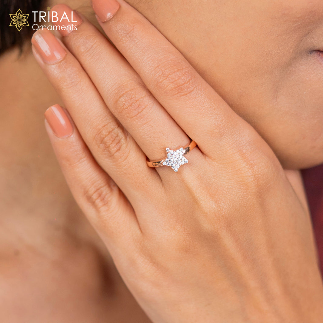 Star design diamond rose gold silver ring
