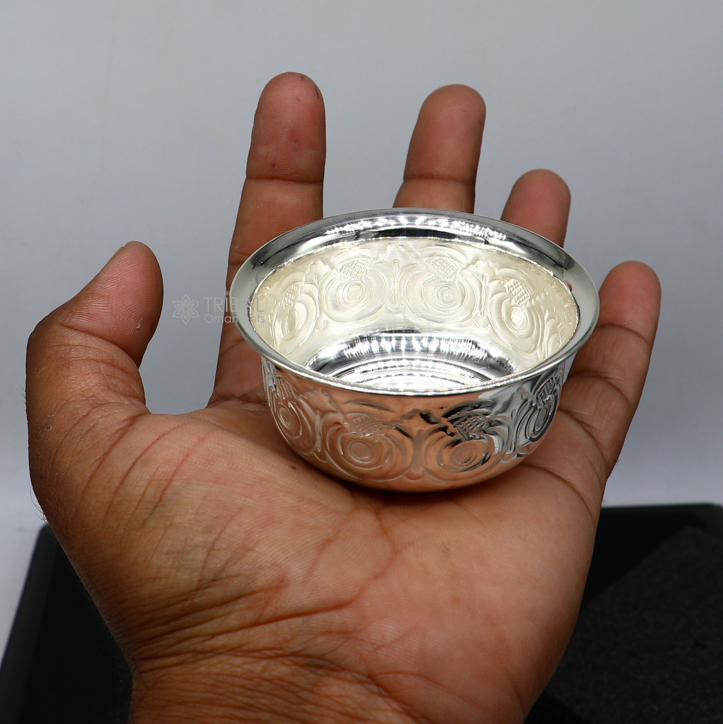 Silver handmade kandrai nakshi work bowl, silver utensils for rice ...