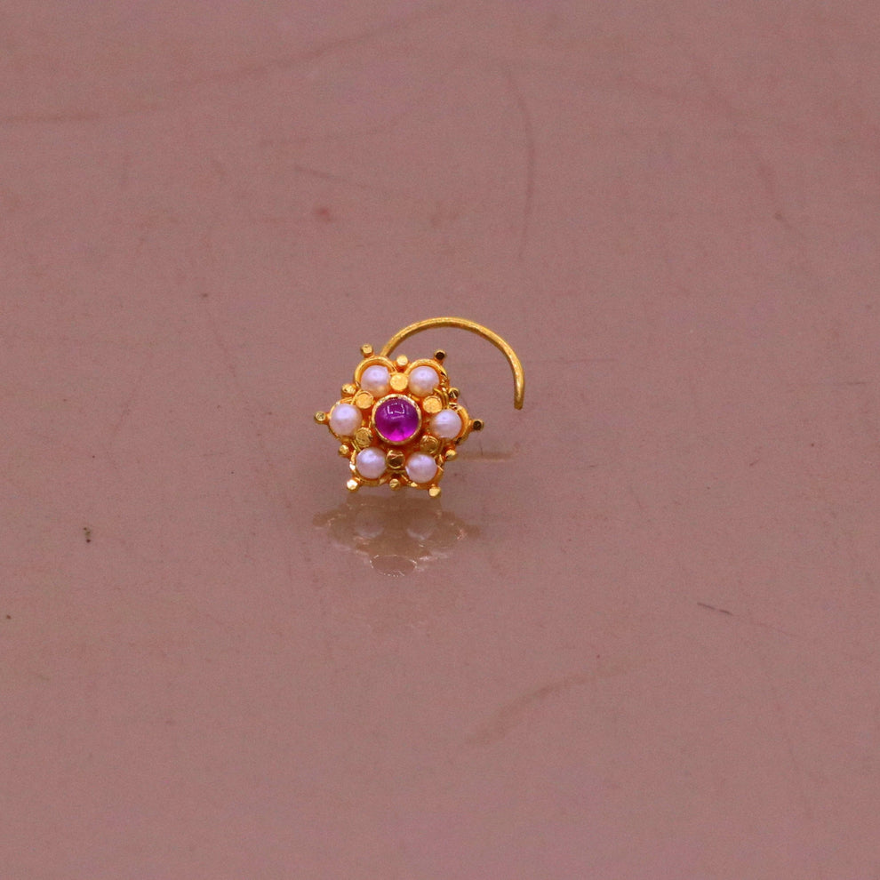 6mm white pearl and red stone fabulous 20kt yellow gold nose pin nose ...